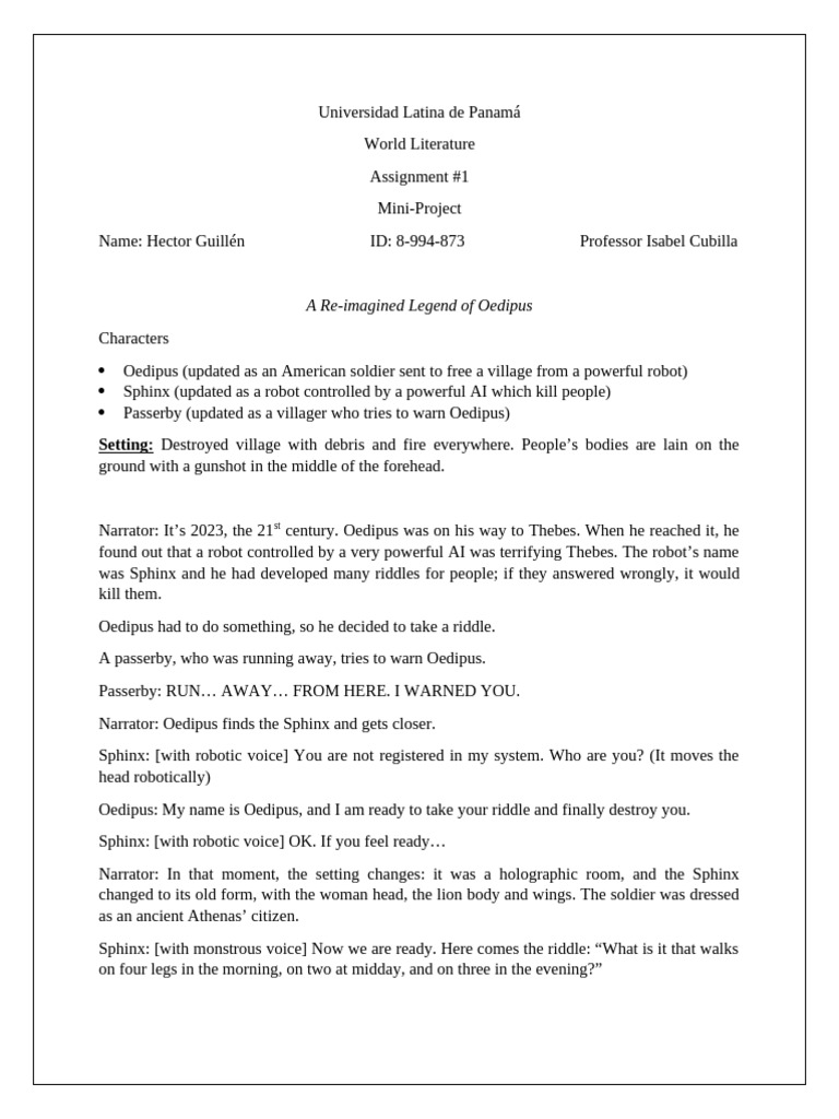 Assignment #1 Mini-Project About Oedipus (By Hector Guillén) | PDF | Oedipus | Sphinx