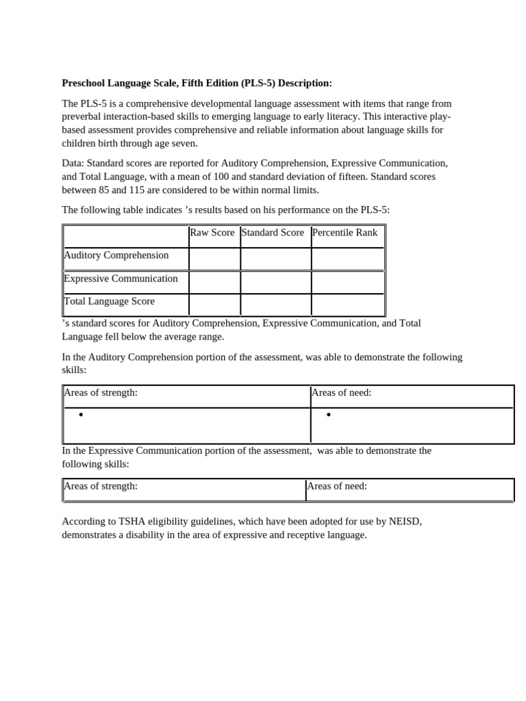 PLS-5 Language Assessment Results | PDF