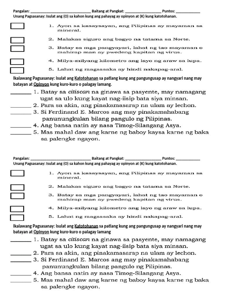 Worksheet (Opinyon o Katotohanan) | PDF
