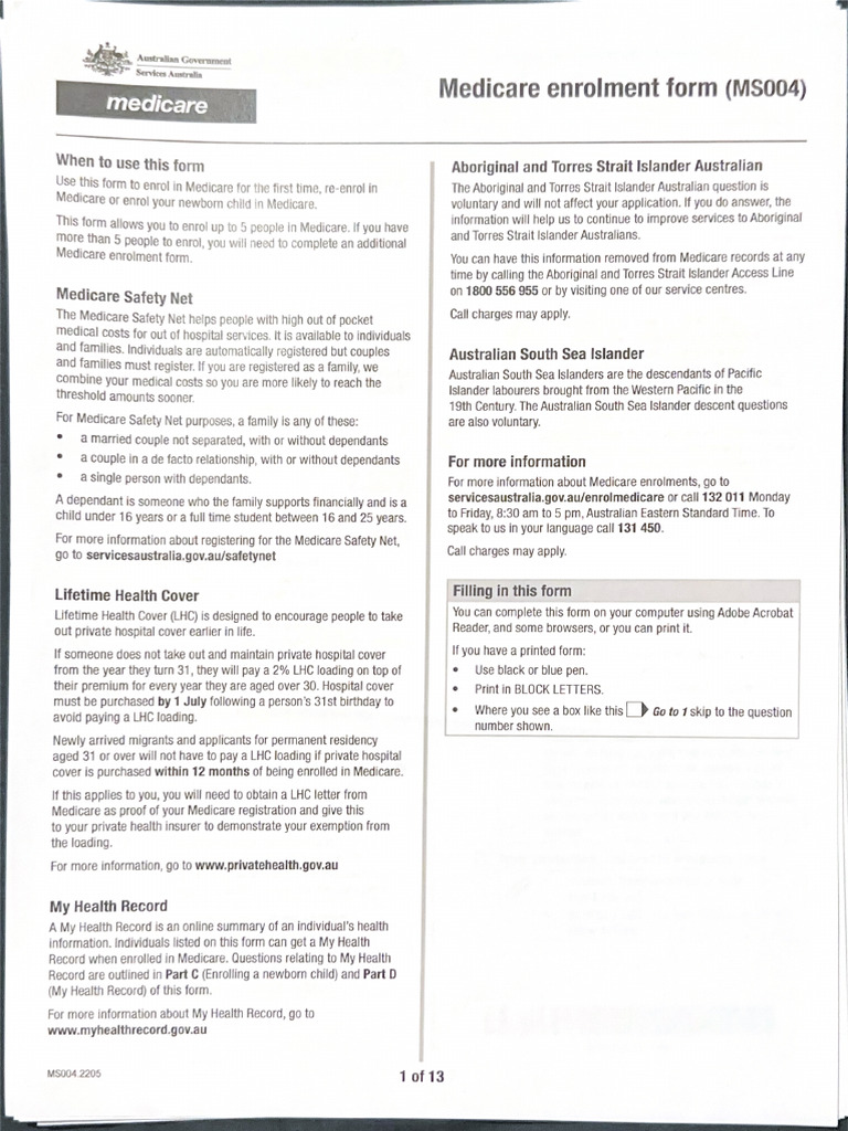 Medicare Enrolment Form (MS004) | PDF