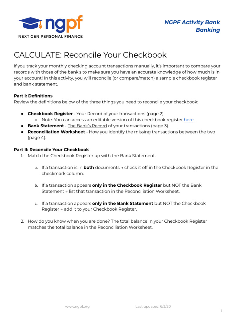 Austin Frankel - Student Copy CALCULATE_ Reconcile Your Checkbook | PDF ...