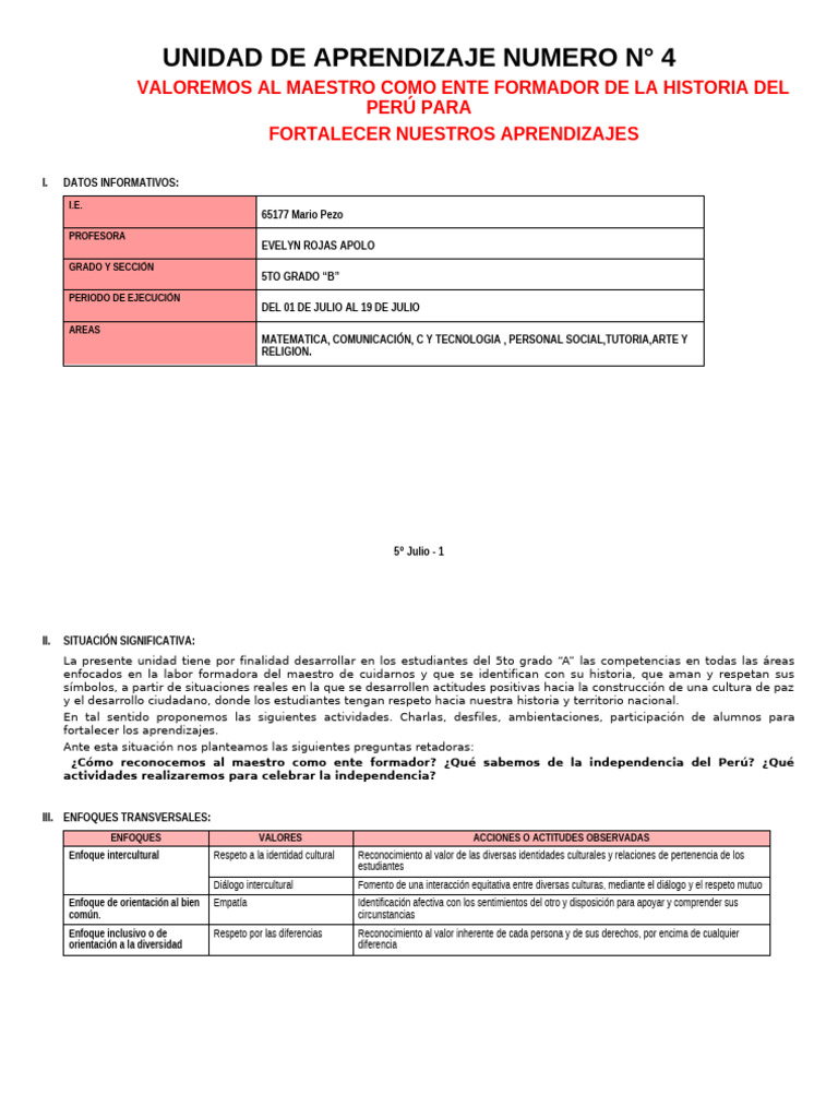 5° - Unidad de Aprendizaje N°..4 | PDF | Números | División (Matemáticas)