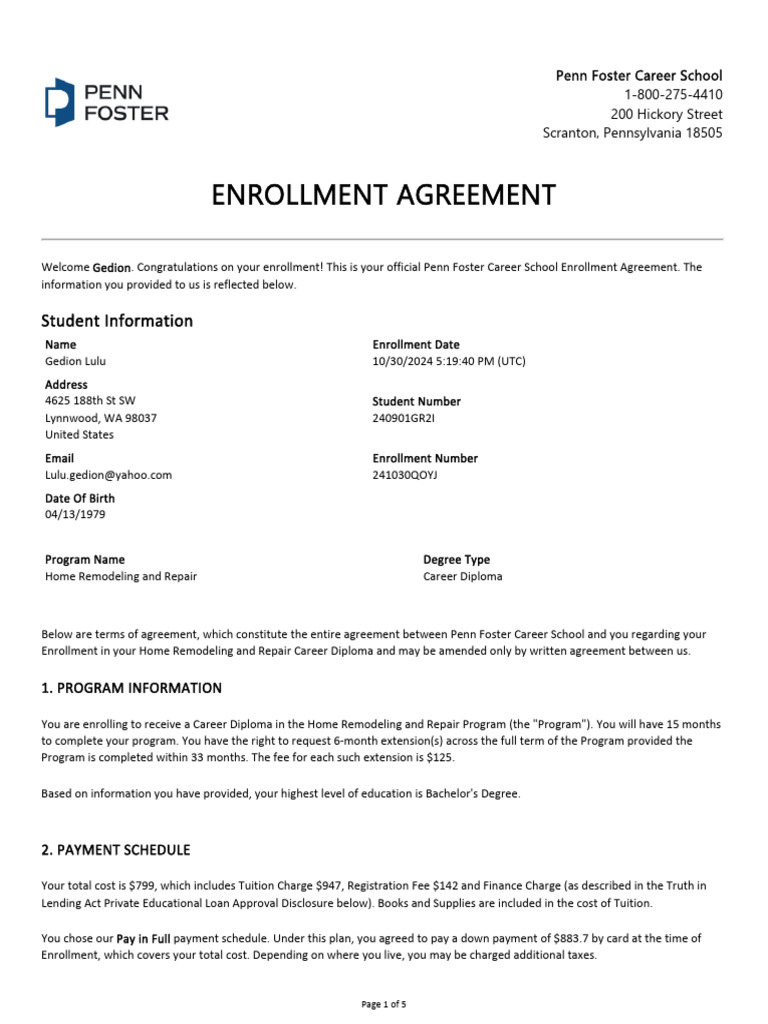 Enrollment Agreement: Student Information | PDF | Fee | Payments