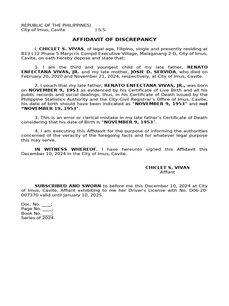 Affidavit of Discrepancy COD DOB | PDF