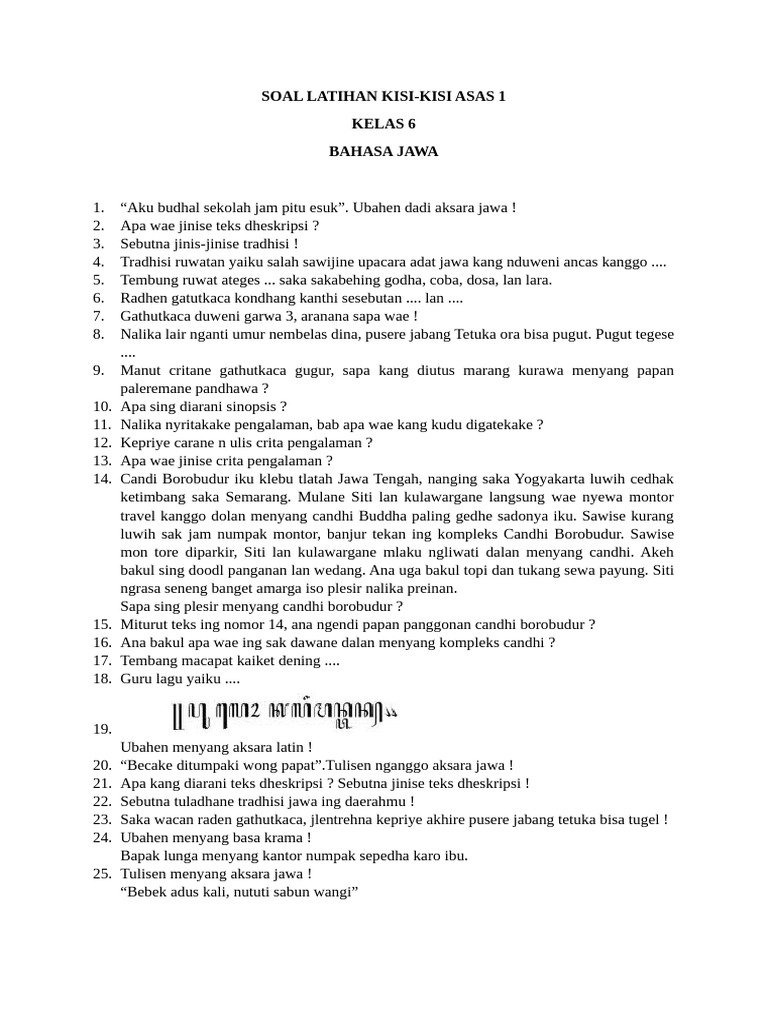 Soal Latihan Kisi-Kisi ASAS 1 Kelas 6 Bhs Jawa | PDF