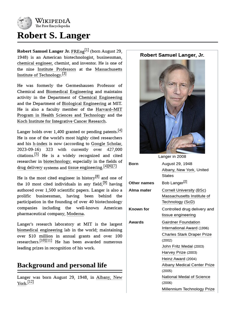 Robert Langer: Pioneer in Biotechnology | PDF