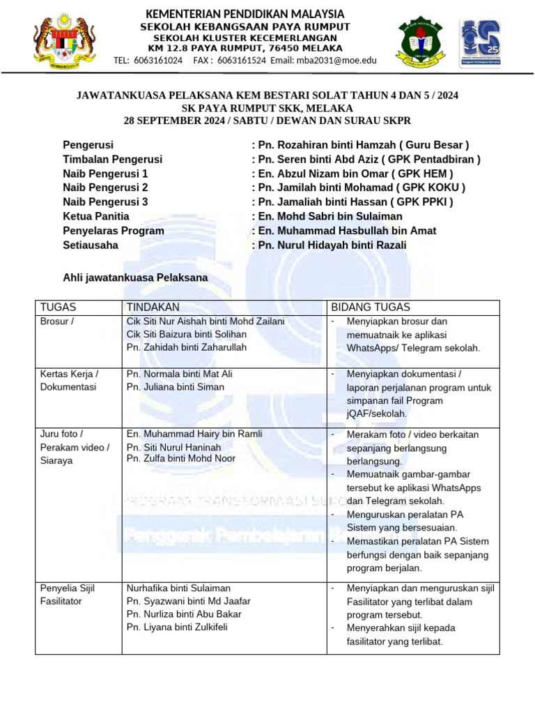 Jawatankuasa Kbs Tahun 4 & 5 2024 | PDF