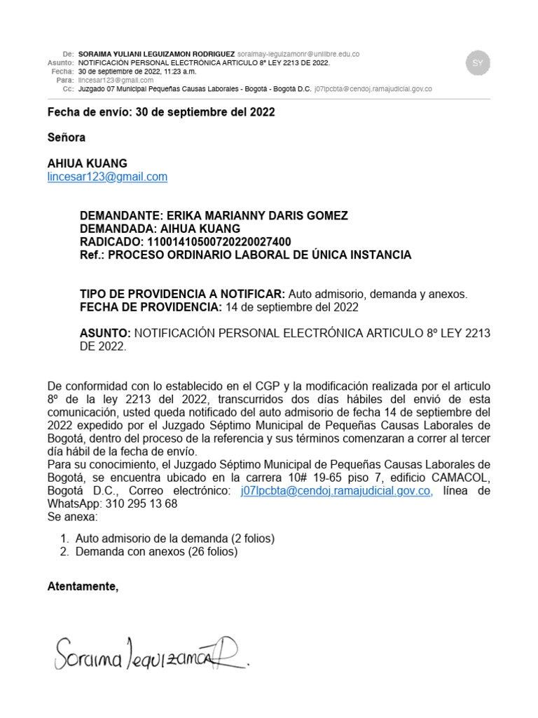 Notificación Personal Electrónica Articulo 8º Ley 2213 de 2022 | PDF