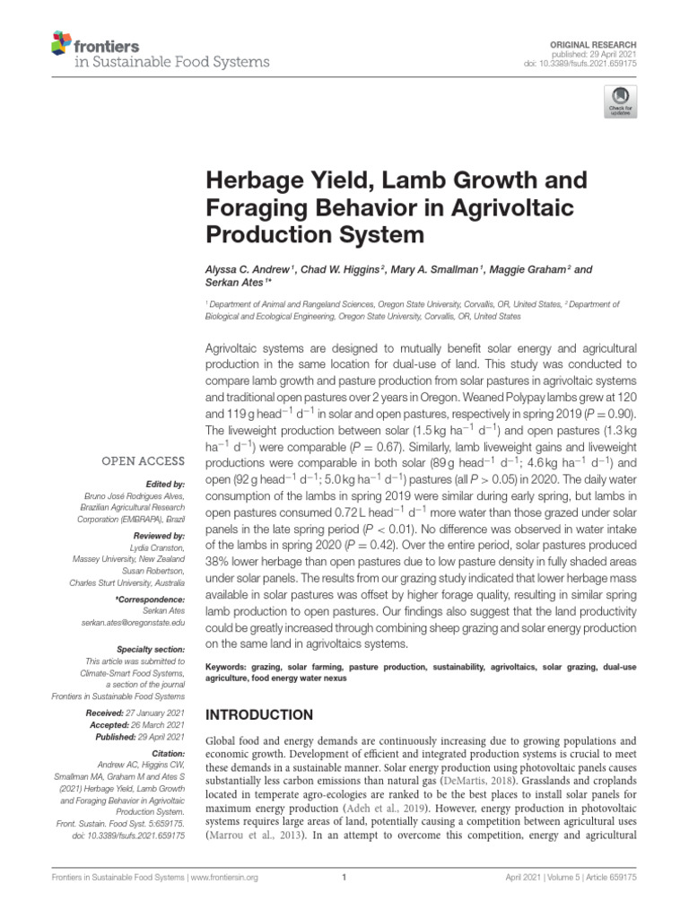 Agrivoltaic - Herbage Yield, Lamb Growth and Foraging Behavior | PDF | Grazing | Sheep