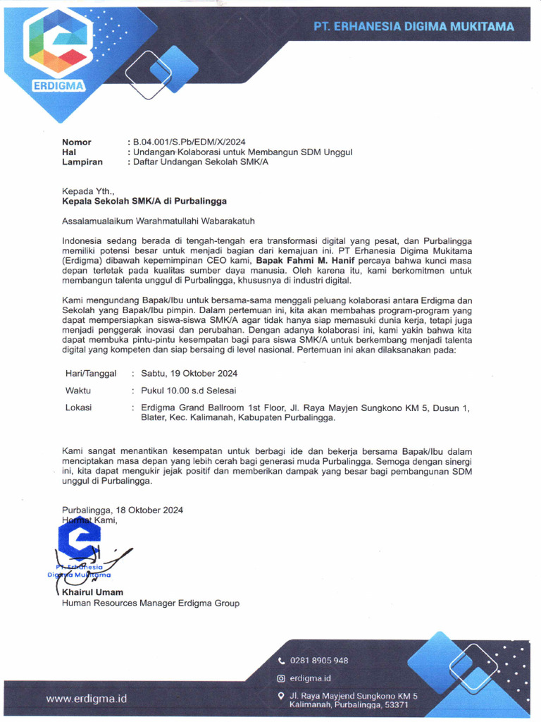 Surat Undangan Kolaborasi Erdigma & SMK | PDF