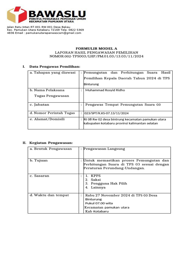 CONTOH FORM A PEMUNGUTAN DAN PERHITUNGAN SUARA PTPS (Binturung)(2) (3 ...