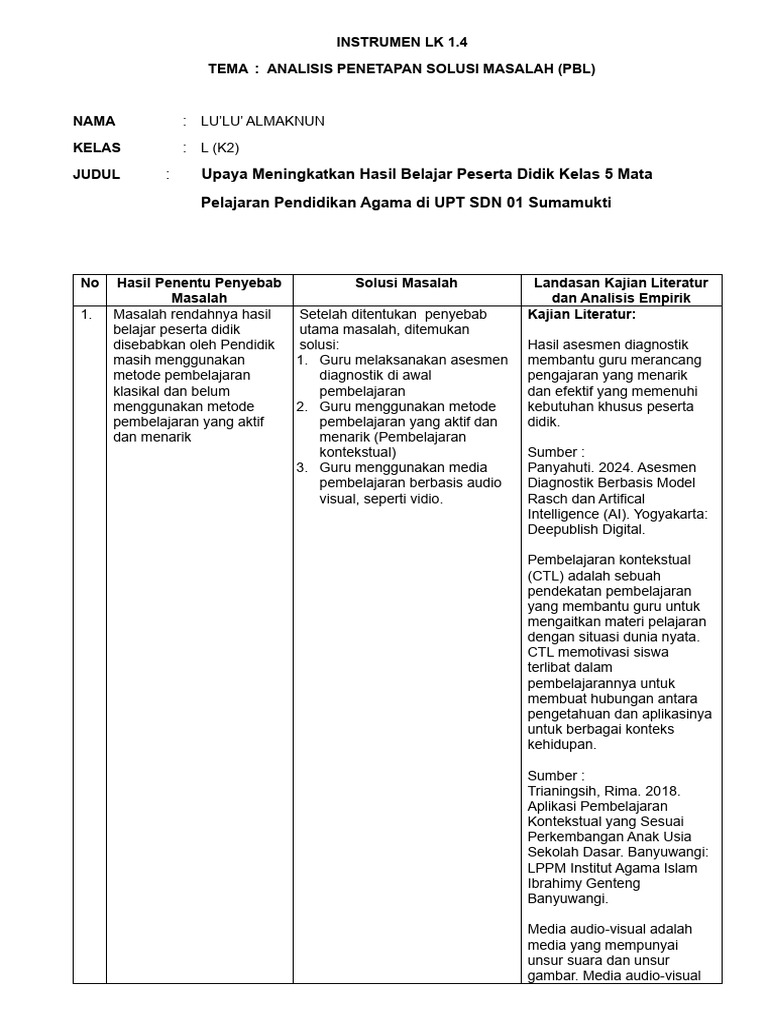 Instrumen LK 1.4 (PBL) Analisis Penetapan Solusi Masalah - Bu Al | PDF