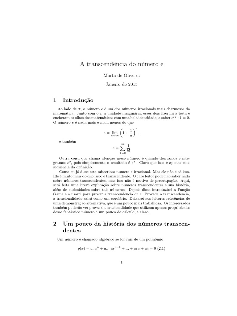 Transcendência do Número e na Matemática | PDF | Números | Matemática