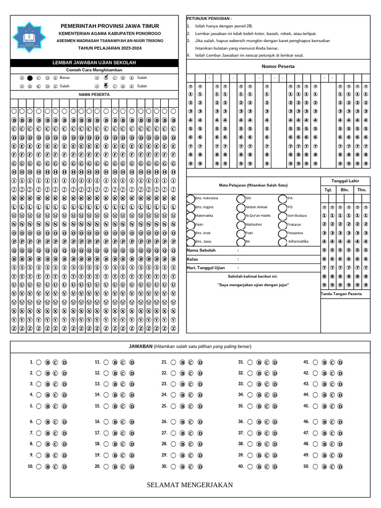 Contoh LJK MTS | PDF