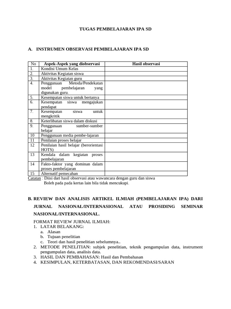 Instrumen Observasi Pembelajaran Ipa SD | PDF