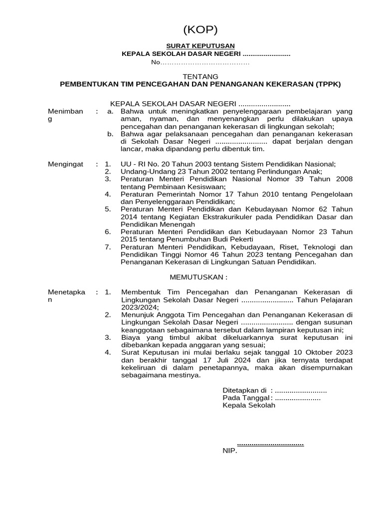 SK TPPK Tim Pencegahan Penanganan Kekerasan SDN Sekaran I Kasiman | PDF