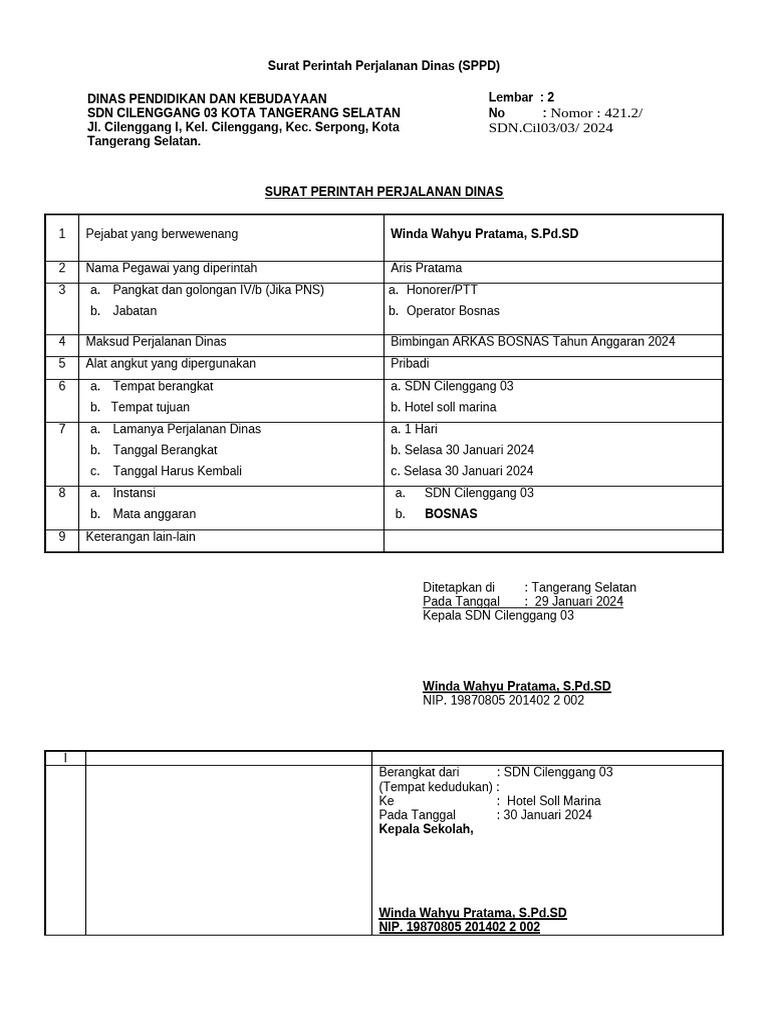 Format SPPD Surat Perintah Perjalanan Dinas Sekolah | PDF