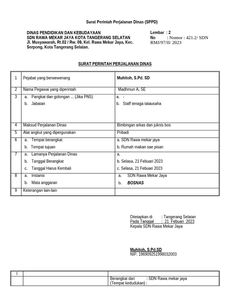Format-SPPD-Surat-Perintah-Perjalanan-Dinas-Sekolah | PDF