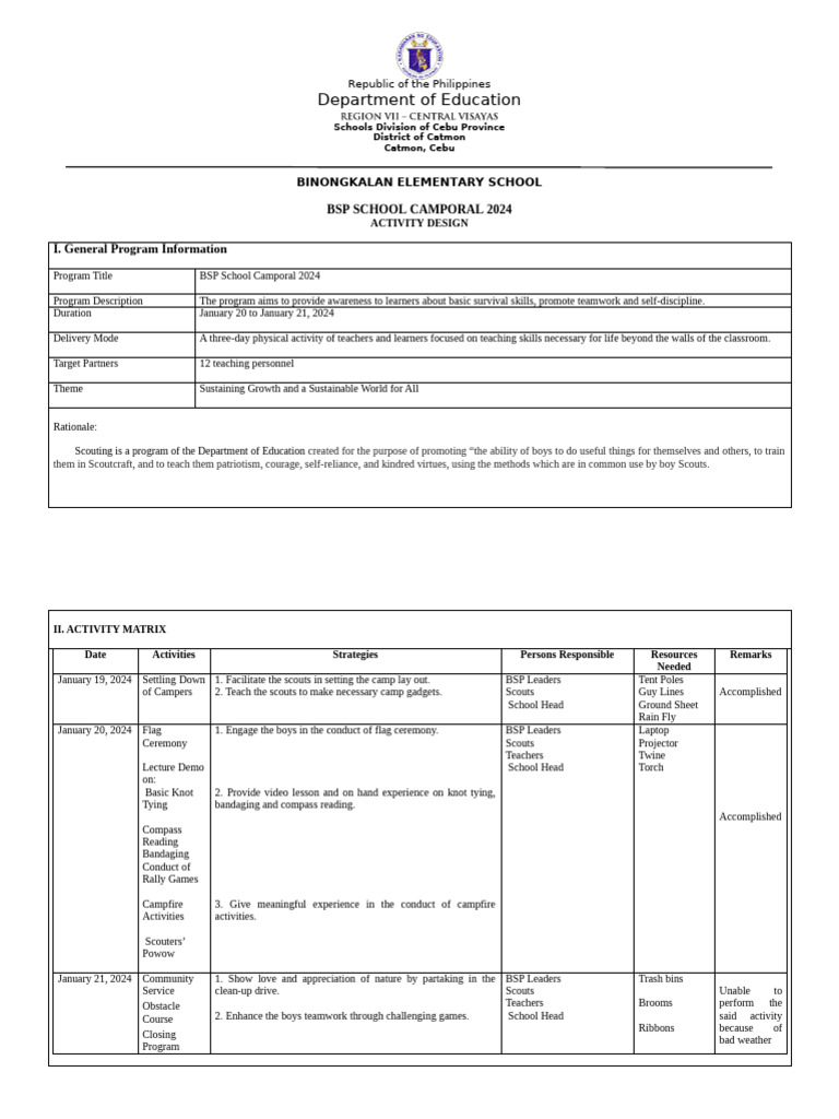 Activity Design For BSP Camp 2023 | PDF | Behavior Modification | Learning