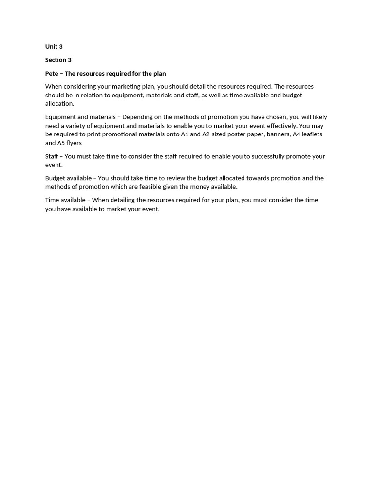 Unit 3 - Section 3 - Pete – the Resources Required for the Plan | PDF Unit 3 - Section 3 - Pete – the Resources Required for the Plan | PDF