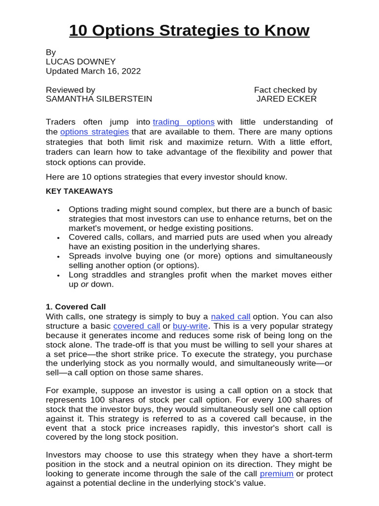 Essential Options Strategies Explained | PDF | Option (Finance) | Put ...