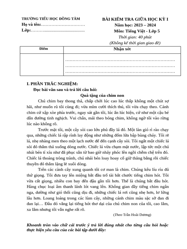 Đề TV KTGKI. 5A5 | PDF