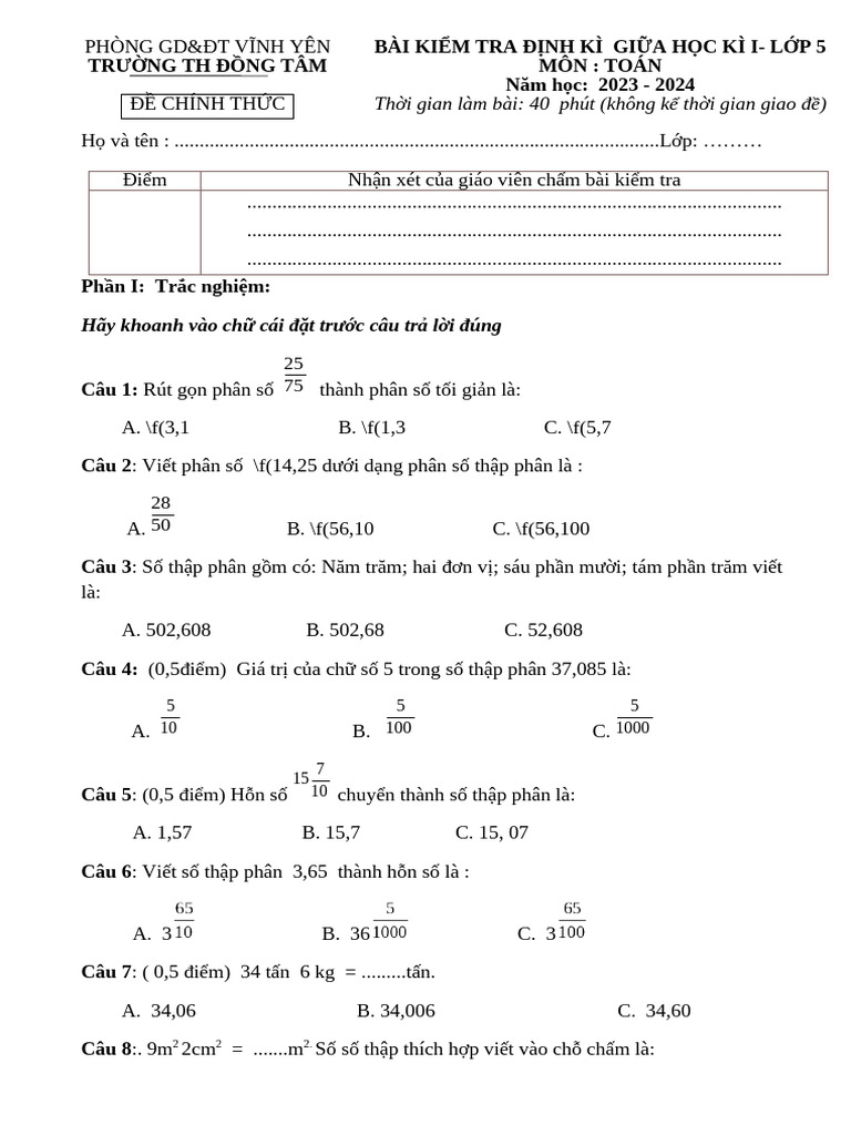 THƯ 5A3 Toán GK1 | PDF