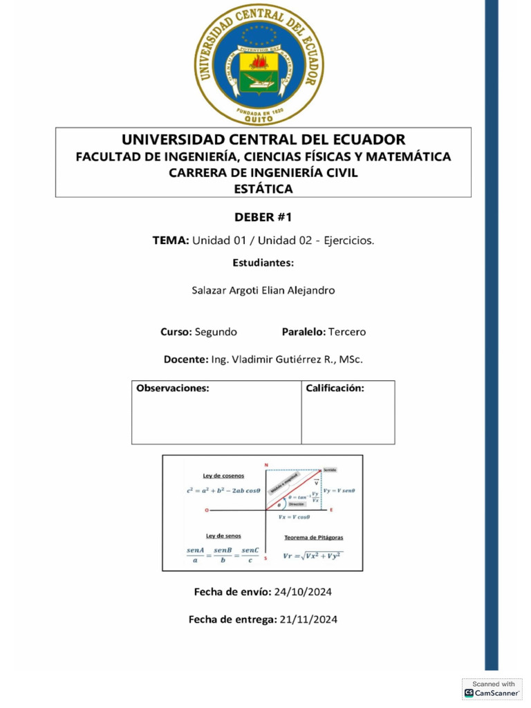 Deber #1 - Estatica - Ejercicios - Salazar - Alejandro | PDF