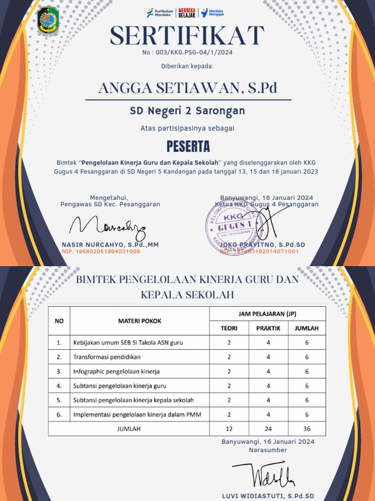 Sertifikat Angga Setiawan, S.PD BIMTEK Pengelolaan EKIN PMM Di KKG ...