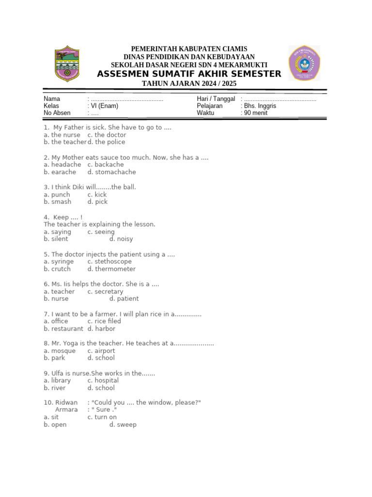 Soal Ujian Bahasa Inggris Kelas VI | PDF
