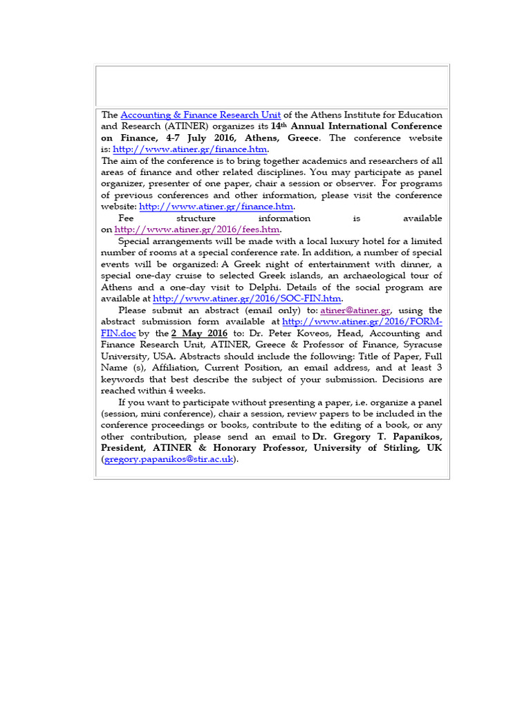 14th ATINER Conference Calls 2016 | PDF | Economics | Social Sciences