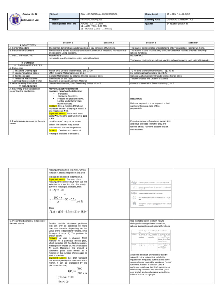 Gen Math DLL Week 3 | PDF | Function (Mathematics) | Equations