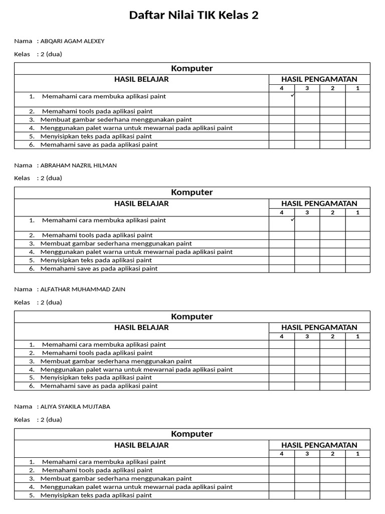 Daftar Nilai TIK Kelas 2 | PDF