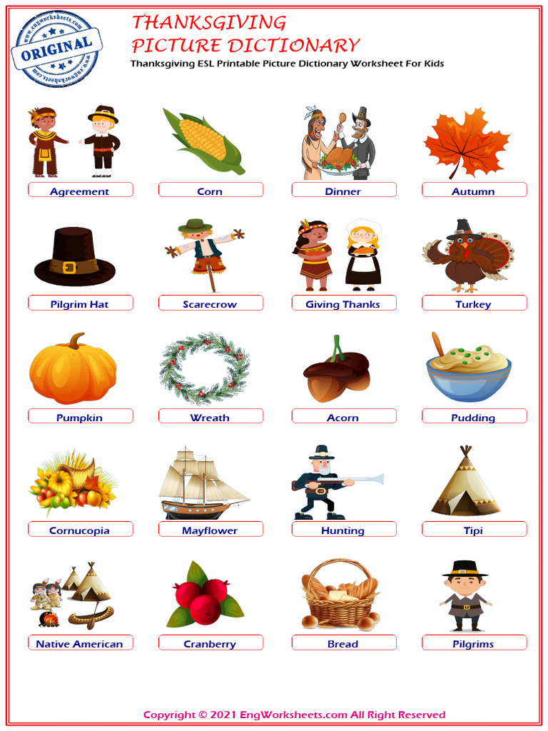 Thanksgiving Esl Printable Picture Dictionary Worksheet For Kids 6056 | PDF