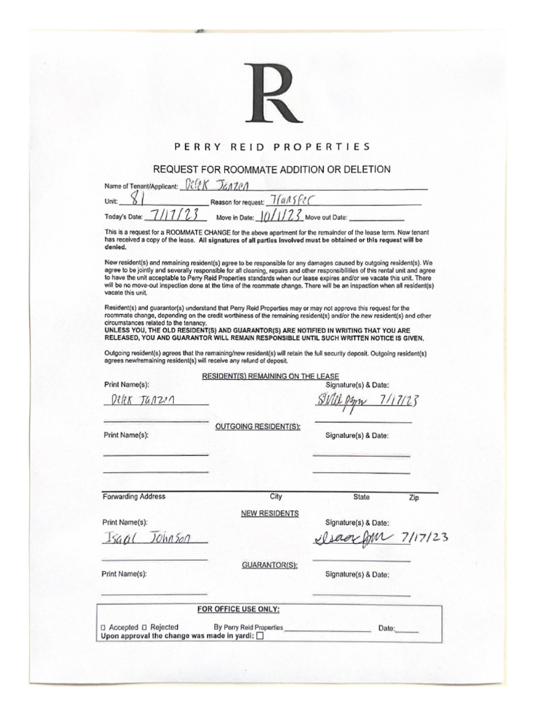 Roommate Addition Form | PDF
