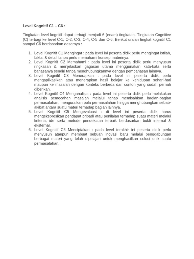 Tingkatan Kognitif C1 hingga C6 | PDF