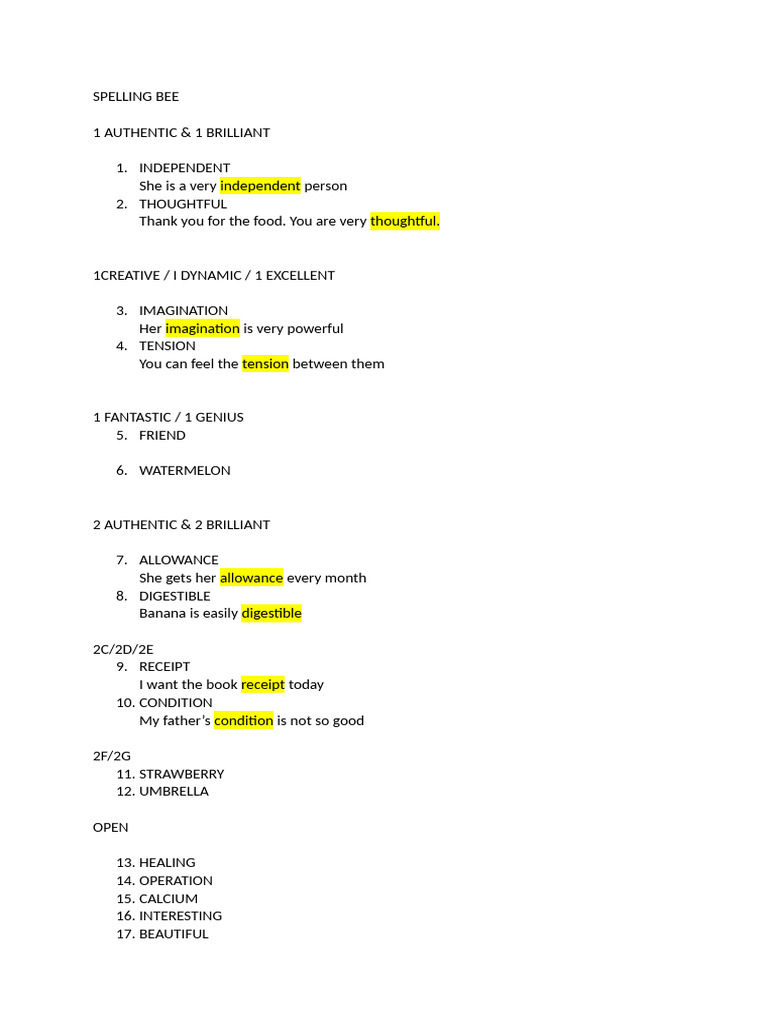 Spelling Bee Word List and Examples | PDF