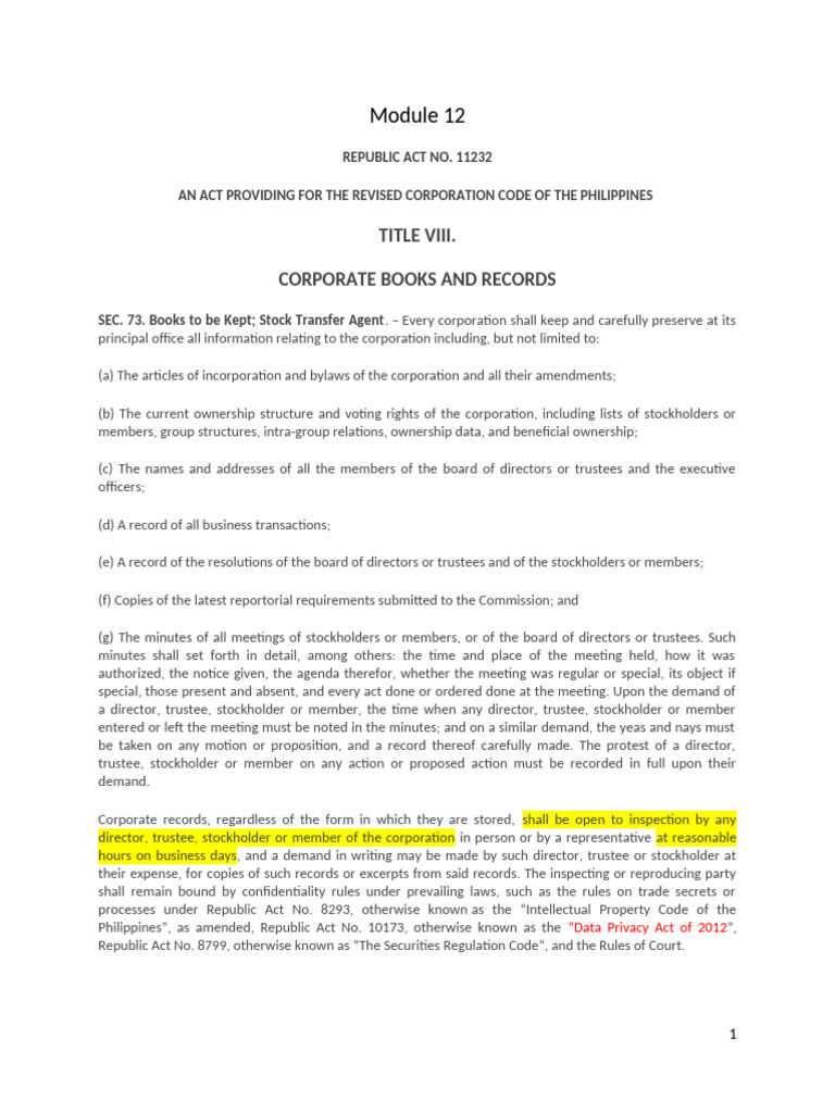 Module-12-Corporate-Books-and-Records | PDF | Stocks | Corporations