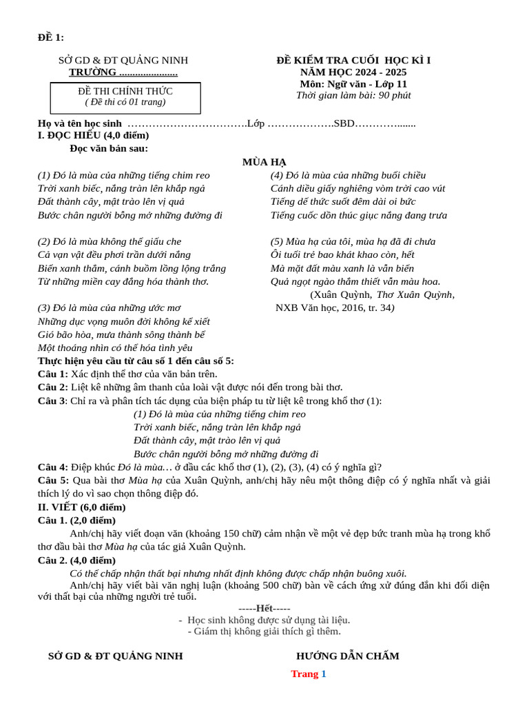 Bo de Thi HK1 Ngu Van 11 KNTT 24 25 | PDF