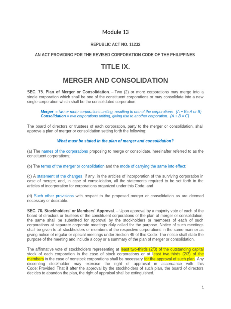Module 13 Merger and Consolidation | PDF | Corporations | Mergers And ...