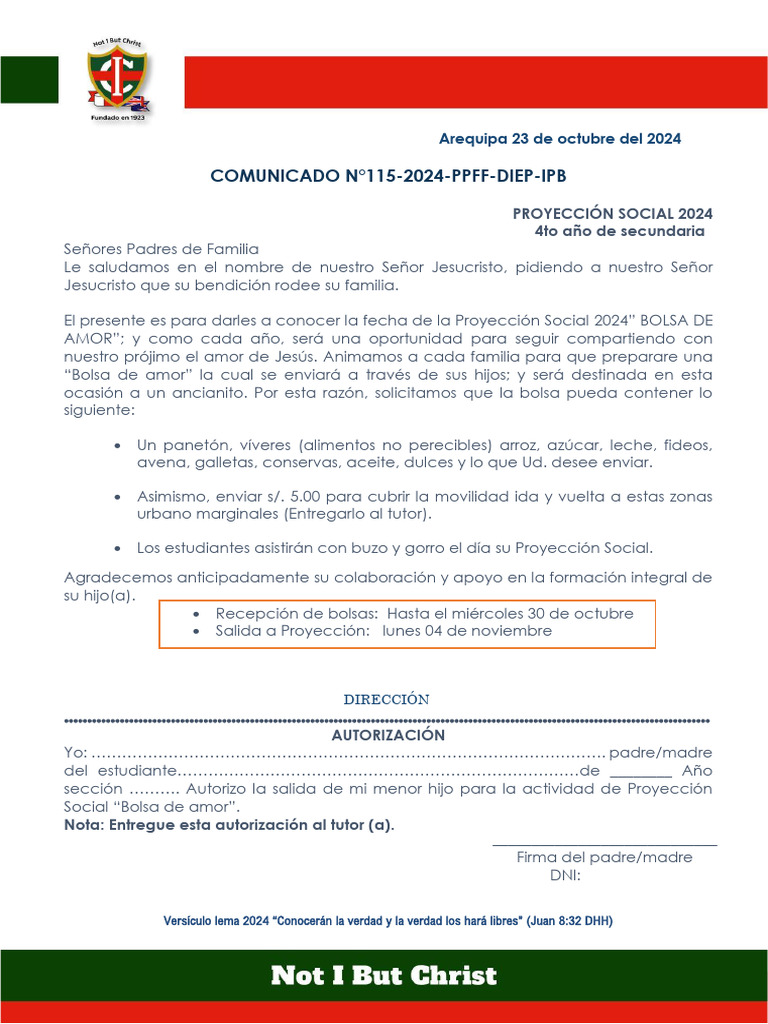 01_-_COMUNICADO_PROYECCION_SOCIAL_2024_-_4to_sec- (1) | PDF