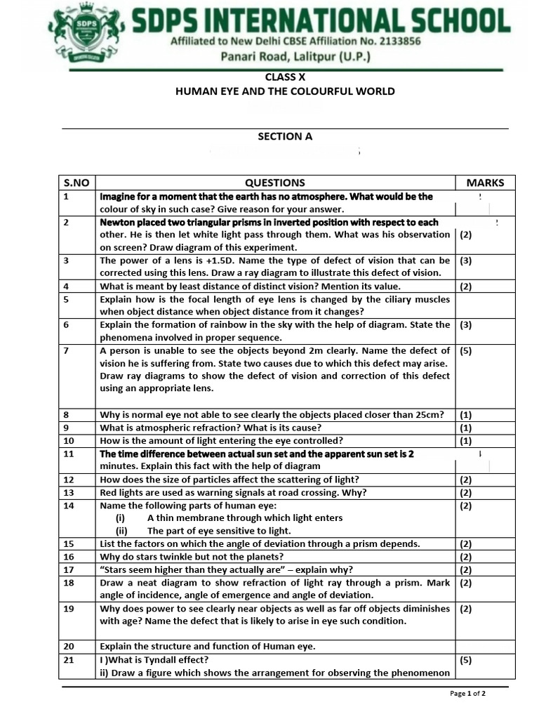 Class X Eye & Vision Worksheet | PDF | Eye | Light