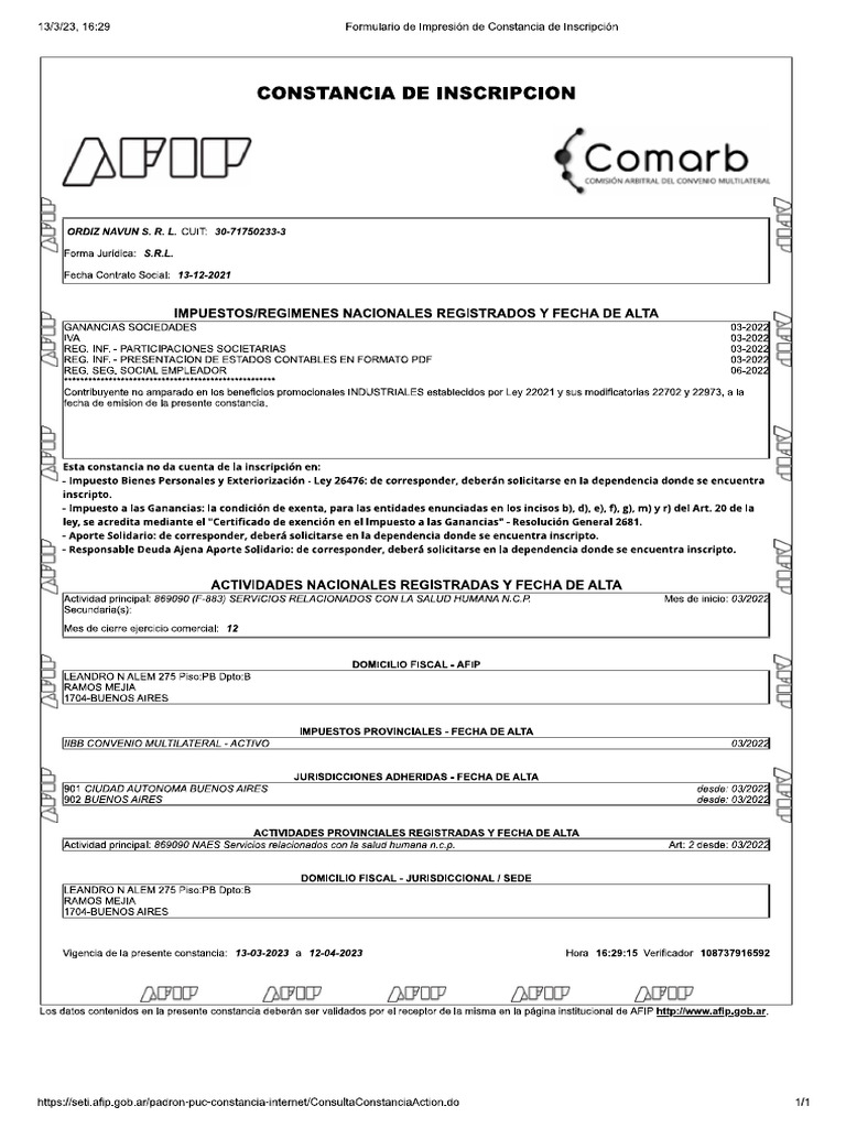 Constancia AFIP Ordiz Navun | PDF
