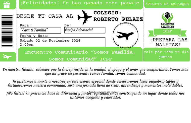 Ticket de Vuelo de Regalo Encuentro Comunitario Somos Familia, Somos ...