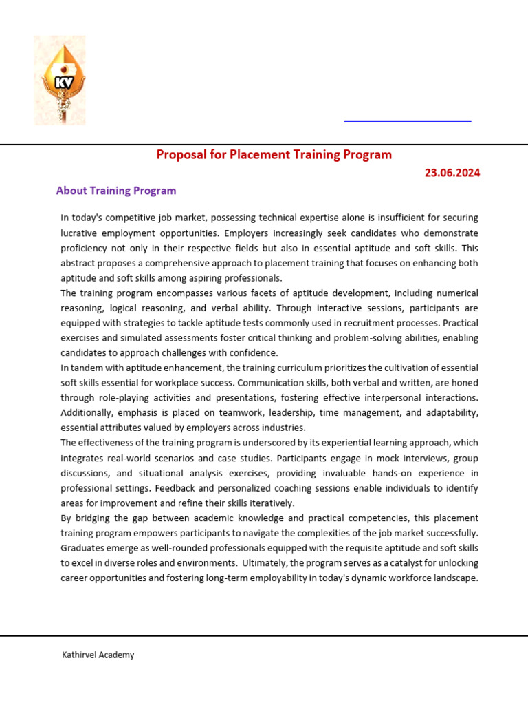 Kathirvel Academy Placement Training Proposal | PDF | Skill | Critical Thinking