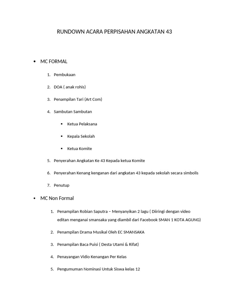 Rundown Acara Perpisahan Angkatan 43 | PDF