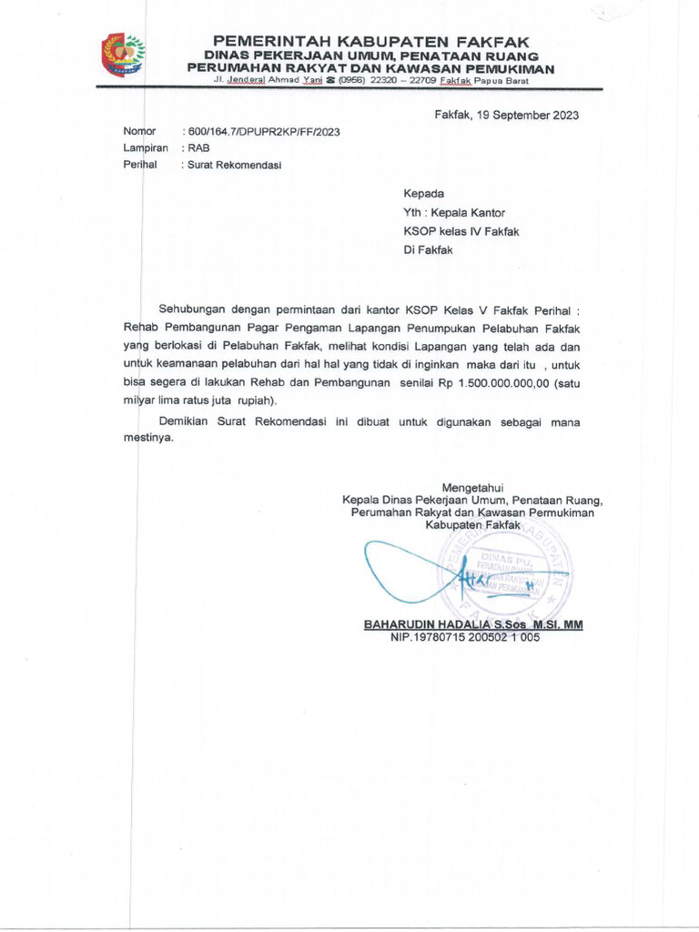 Surat Rekomendasi Pu (HSBGN) Dan Referensi Harga Dasar (Basic Price Kab Fakfak Tahun 2024) | PDF
