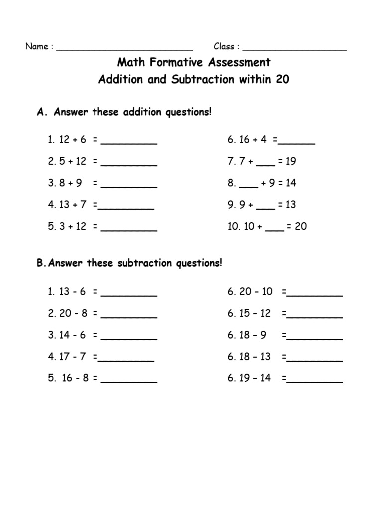 assesment addition subtraction 20 (1) | PDF