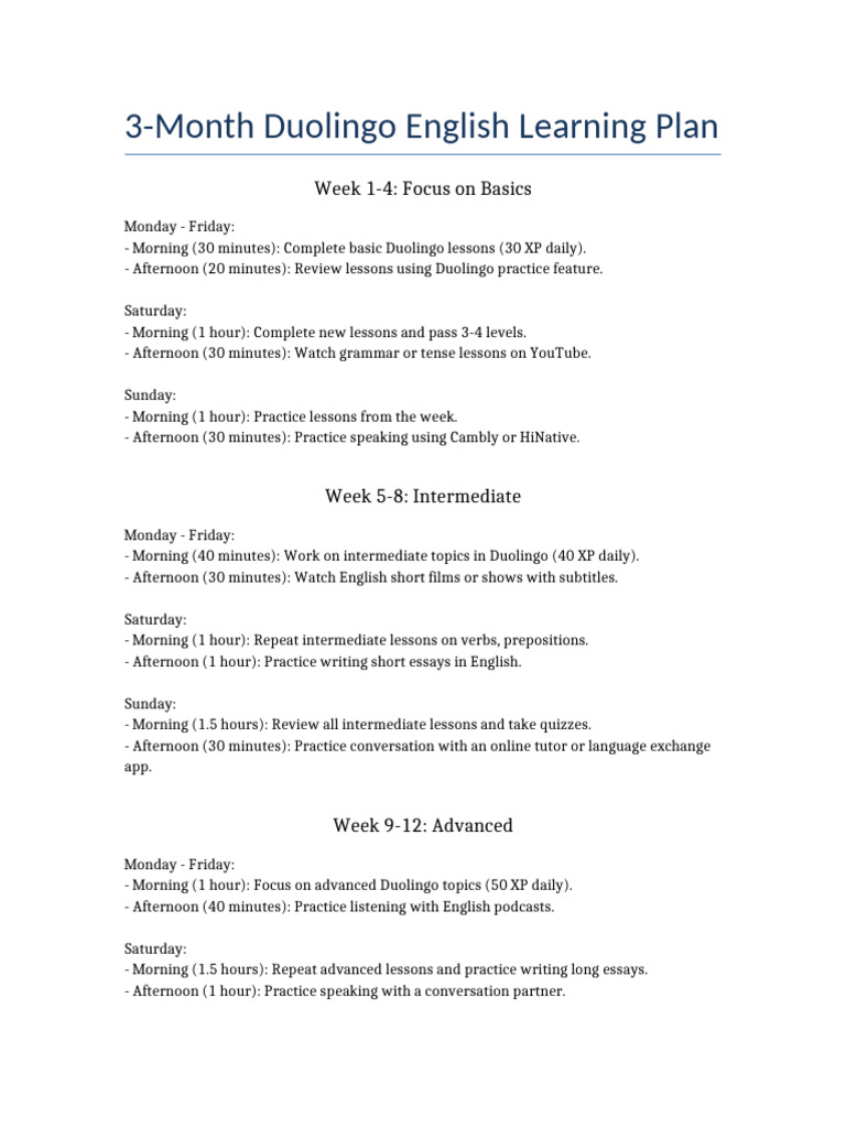 Duolingo 3 Month Study Plan | PDF