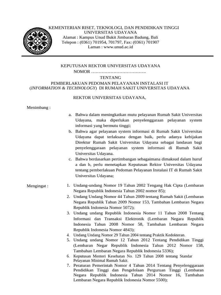 SK Pemberlakuan Pedoman Pelayanan Inst IT 08 Okt 2022 | PDF